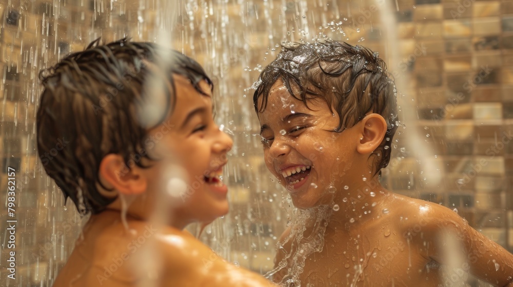 Two young boys laughing as they playfully splash each other with water ...