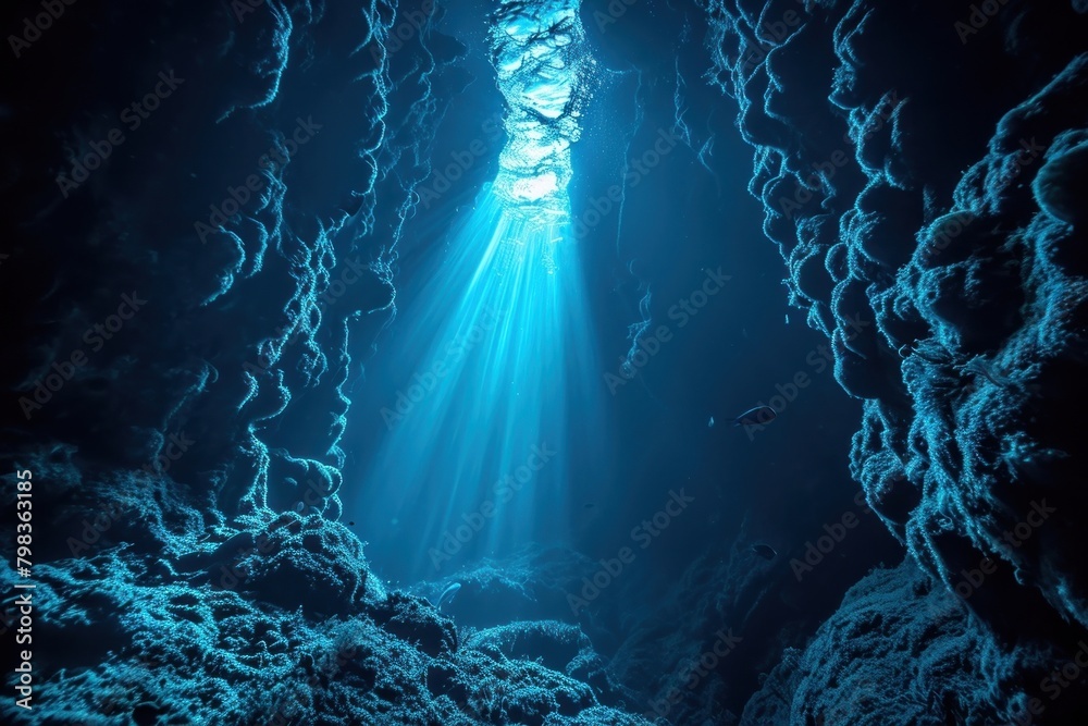 The cave in deep sea with the other fish swimming underwater outdoors ...