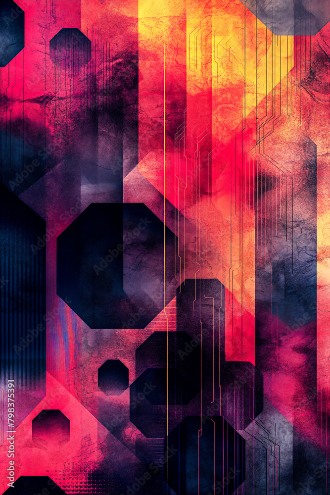 Abstract background of hexagonal shapes and vertical lines with a rough ...