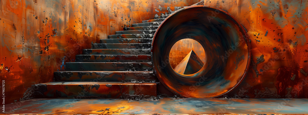 Step into a surreal absurd world to a rusty metal wall, where a ...