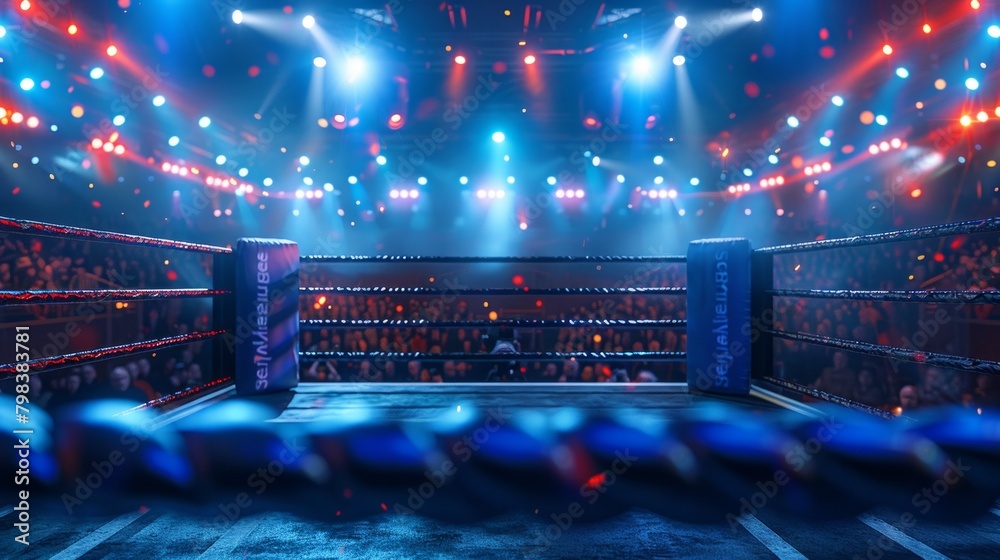 Boxing ring corner in a bright arena with a cheering crowd. Stock ...