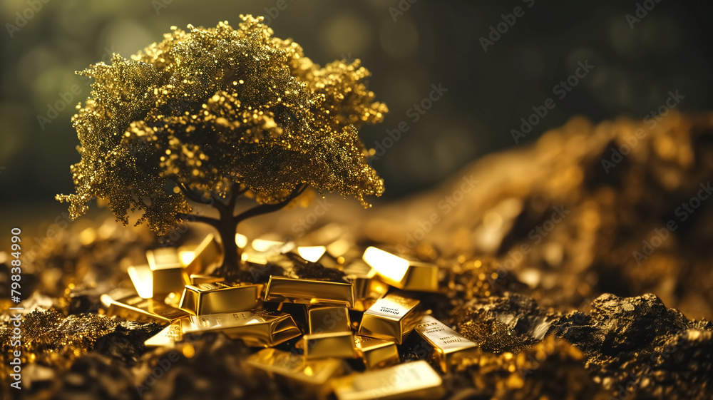 Golden tree on a pile of gold bars. Conceptual 3D rendering. Wealth and ...
