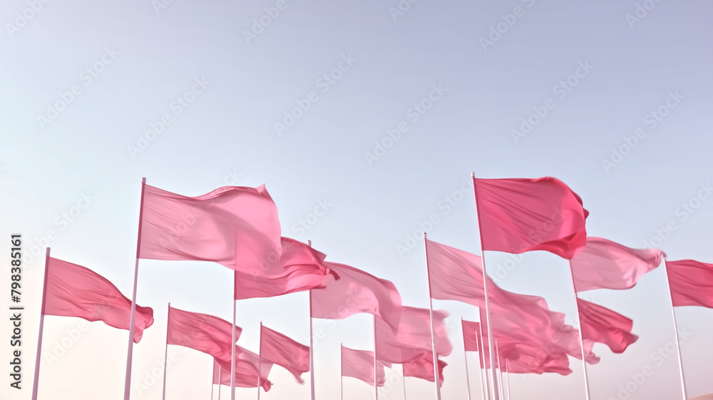 Pink flags fluttering against a clear sky. Minimalistic design for ...