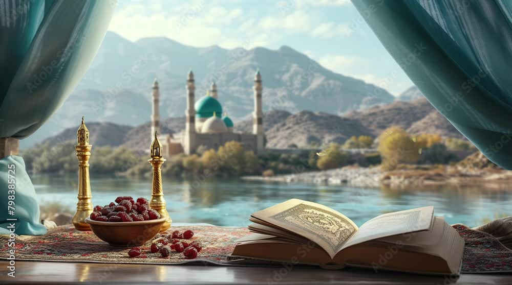 Vidéo Stock Serene scene: Quran and dates by the window with a ...