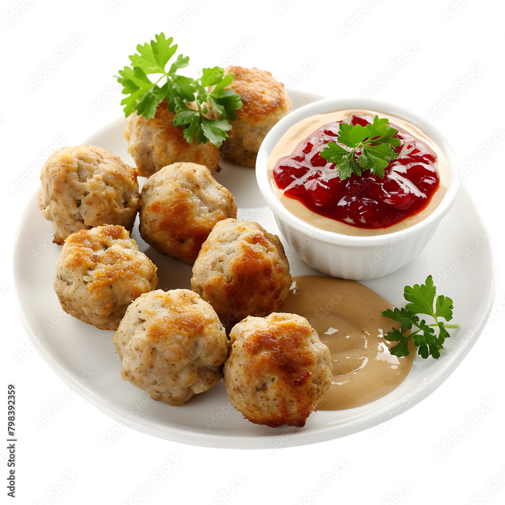 A serving of Swedish meatballs, accompanied by lingonberry jam and ...