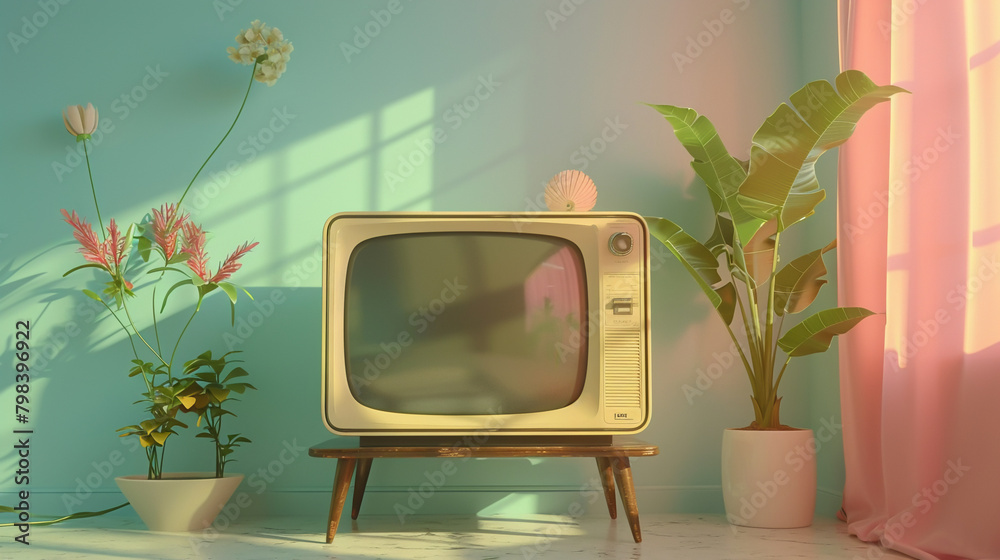 Soft pastel colors coat a vintage TV its 3D screen illuminating the ...