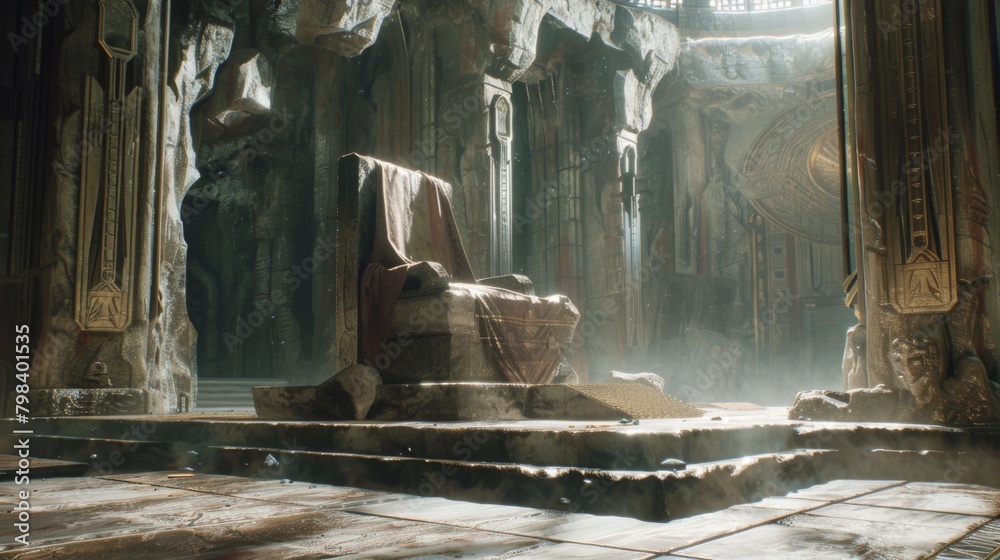 Deep beneath the earths surface a massive stone throne sits upon a ...