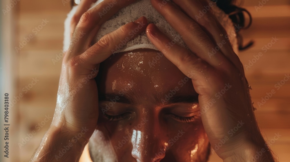 A person using a cold compress on their forehead in the sauna helping ...