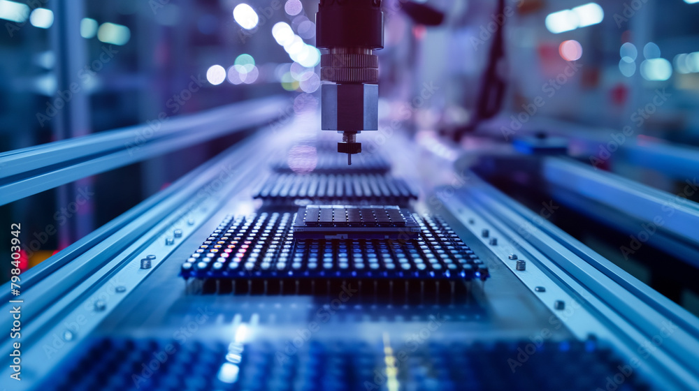 computer chips assembly line in manufacturing plant, modern electronics ...