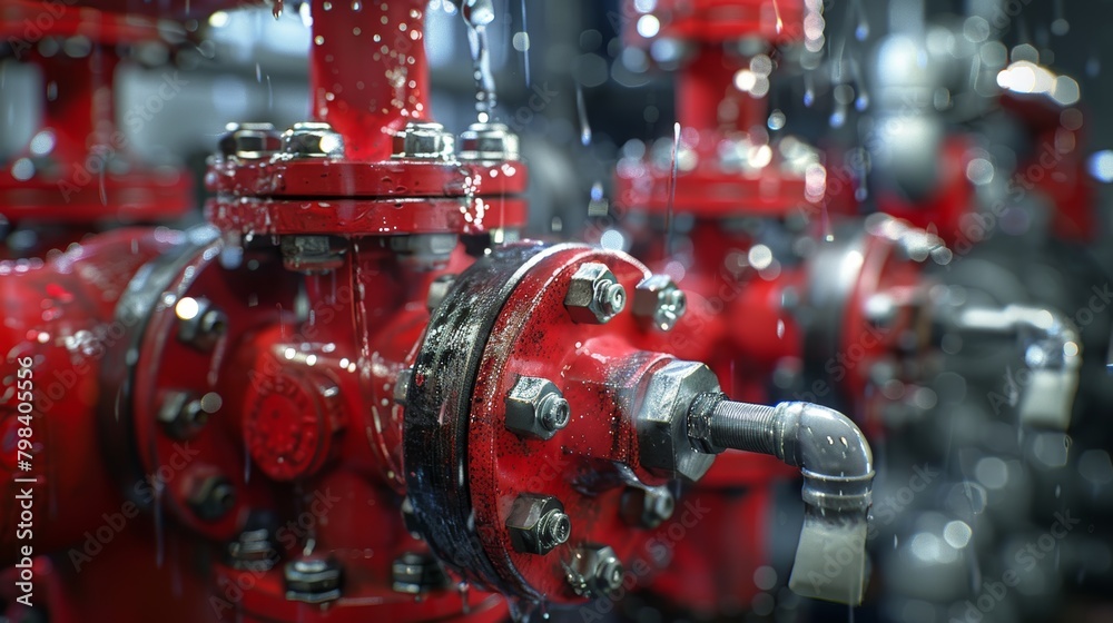 Ultra-realistic wet fire protection valves with droplets in industrial ...