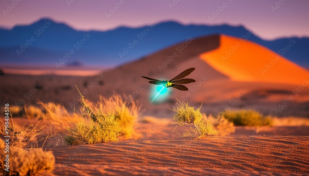 "In the heart of a technicolor desert, a lone firefly AI takes flight ...