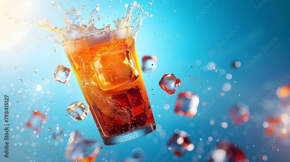 Dynamic image of ice cubes splashing into a glass of fizzy drink, creating a lively and ...