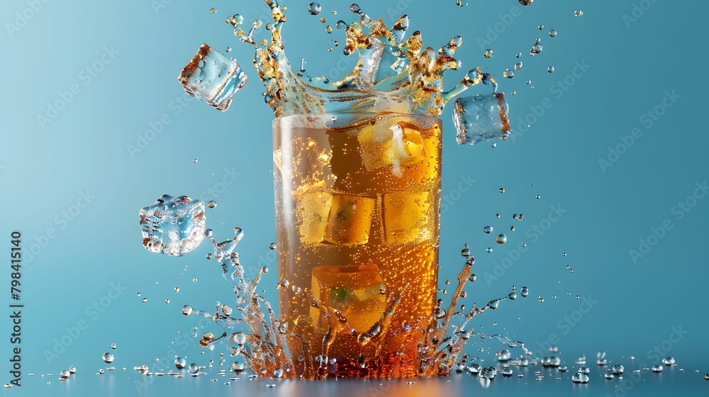 Dynamic image of ice cubes splashing into a glass of fizzy drink, creating a lively and ...