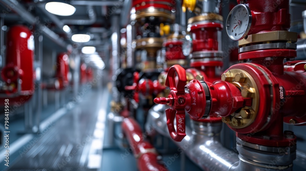 Modern industrial fire protection system with detailed red valves and ...