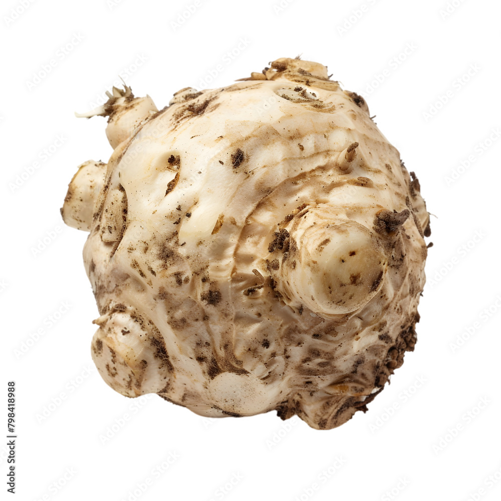 A whole, fresh celeriac root, its knobby surface detailed, transparent ...