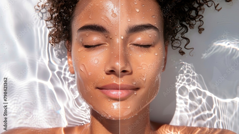 A sidebyside comparison of a persons skin before and after proper ...