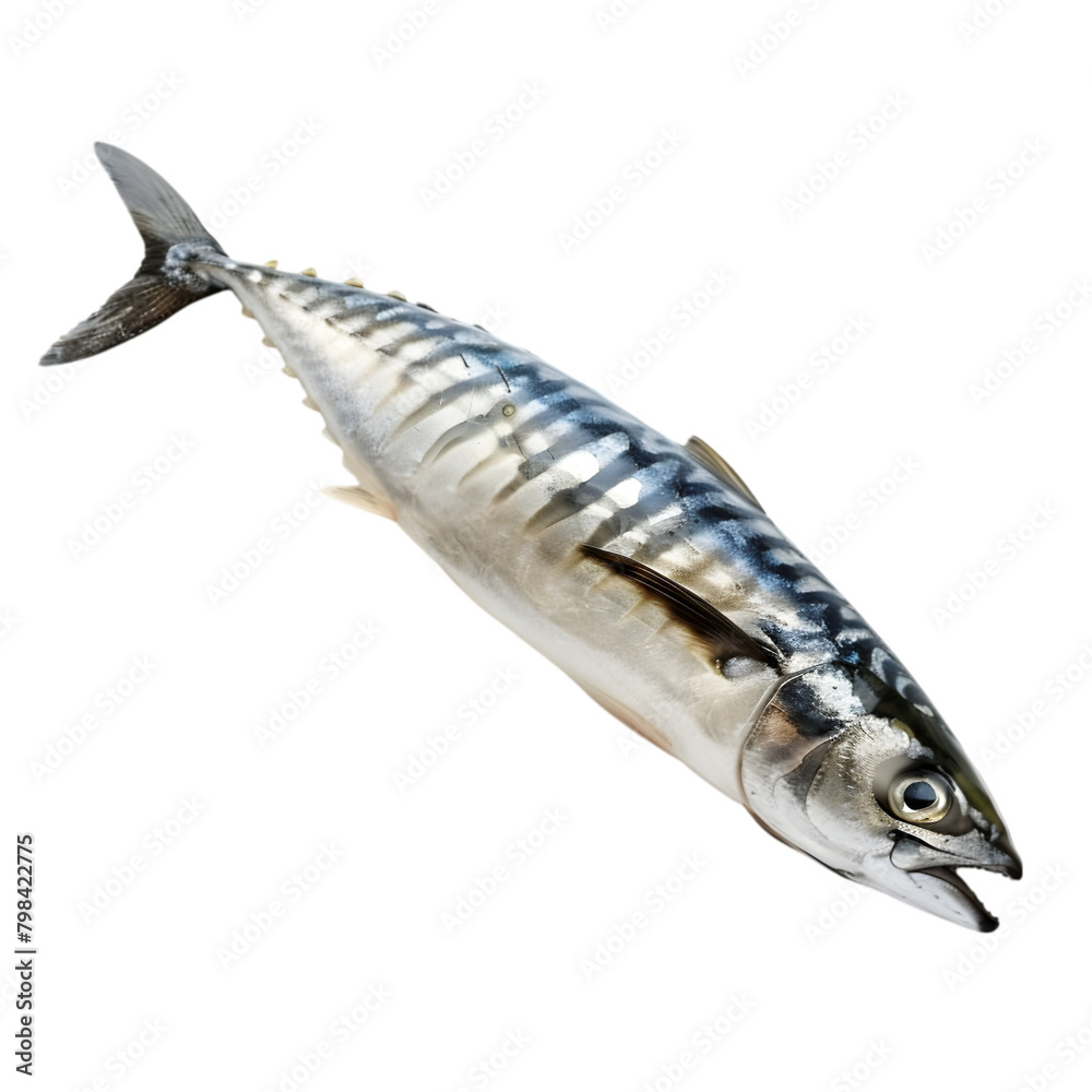A whole, fresh mackerel fish, its skin shimmering, transparent ...