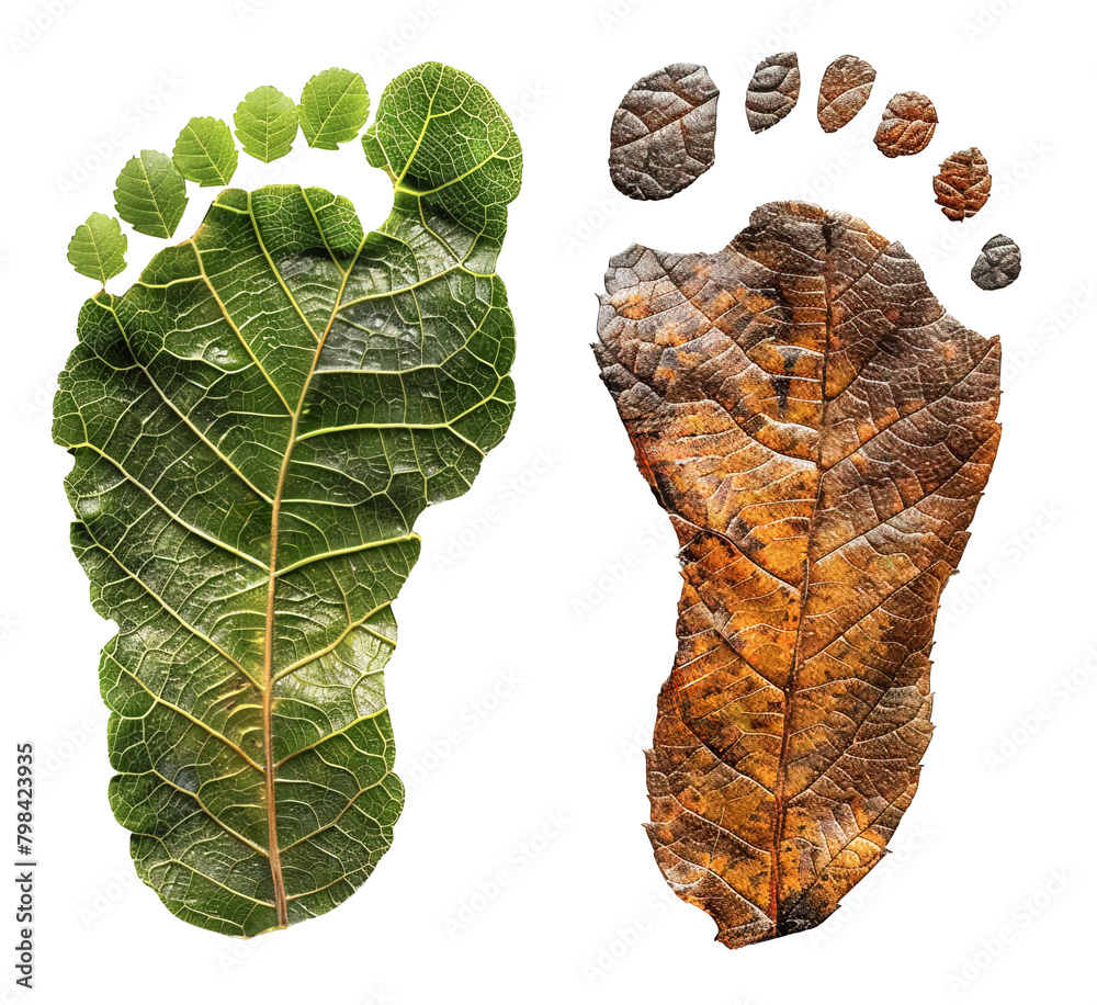 Pair of feet made of green and dry tree leaves over isolated ...