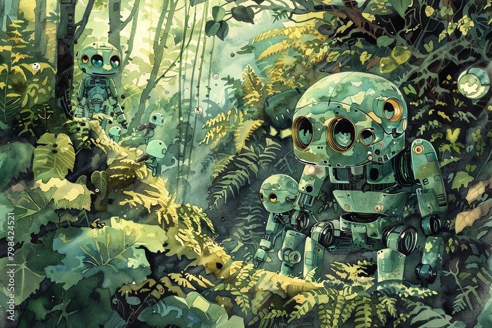 Illustrate a traditional art medium scene featuring a diverse group of ...