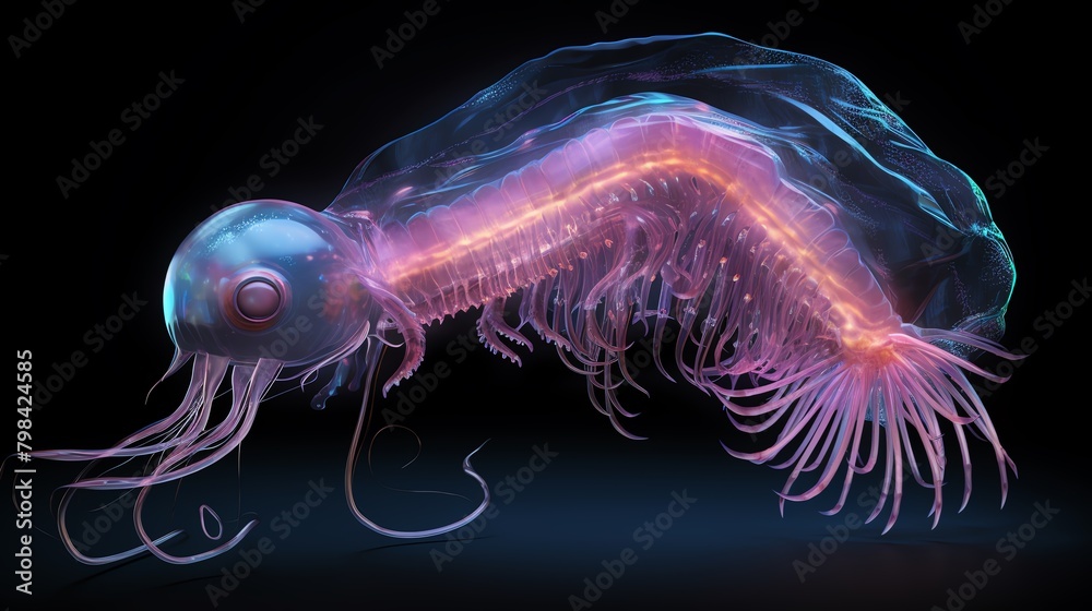 3D modeled exotic deepsea creature, bioluminescent details, closeup ...