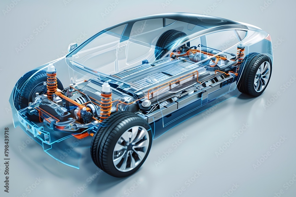 a transparent view of an electric vehicle's structure, highlighting the ...