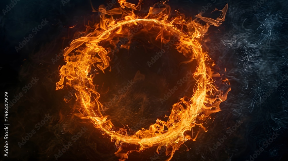 A circular ring of fire on a black background, with smoke swirling ...
