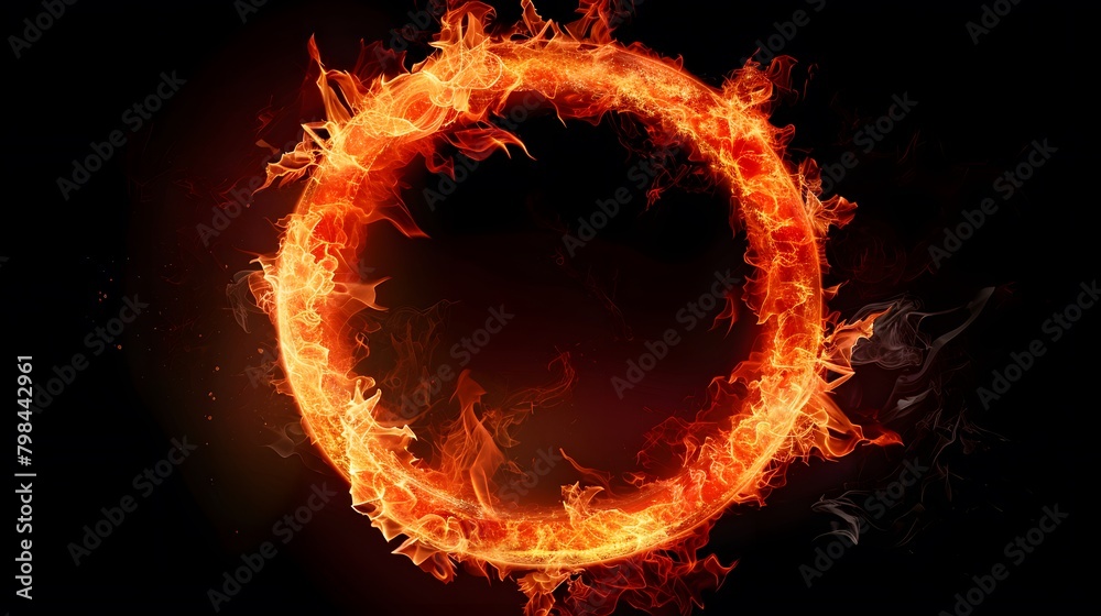 A circular ring of fire on a black background, with smoke swirling ...