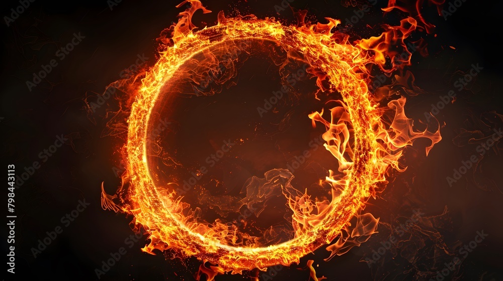 A circular ring of fire on a black background, with smoke swirling ...
