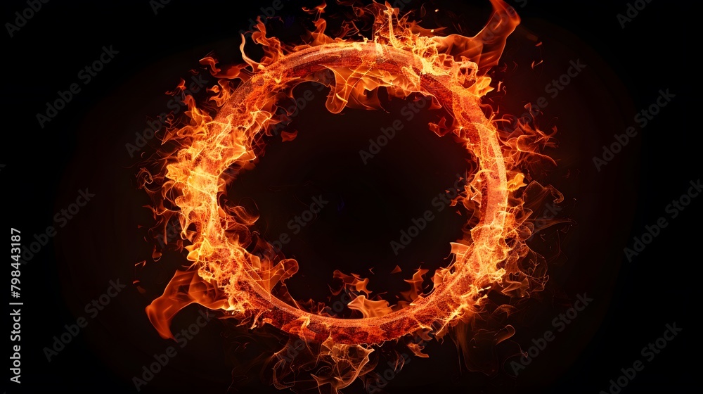 A circular ring of fire on a black background, with smoke swirling ...