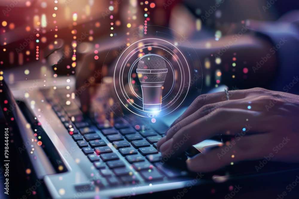 typing on a keyboard with a microphone symbol Stock Photo | Adobe Stock