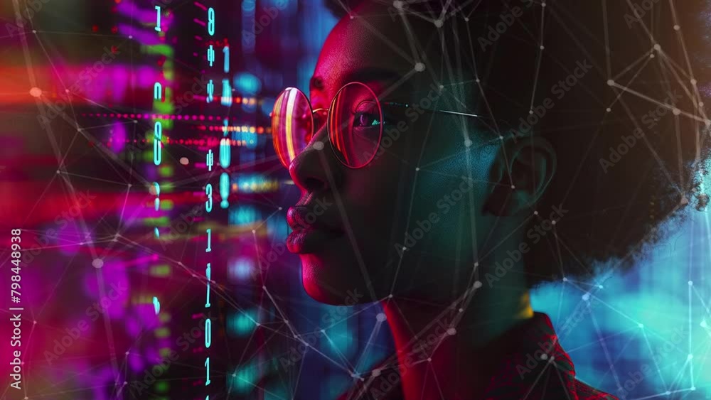 Black woman cyber security expert. With AI code illusminated overlay ...