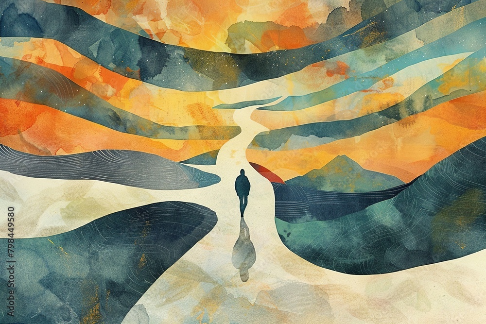 An illustration of a figure walking on a path that splits into multiple ...