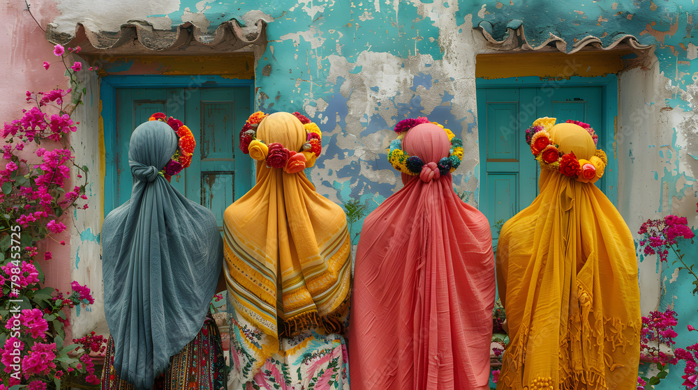 Muslim women in traditional dress gather a colorful wall with flowers ...