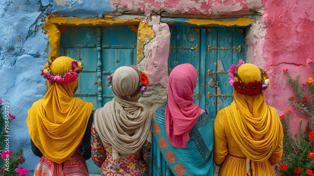 Muslim women in traditional dress gather a colorful wall with flowers ...