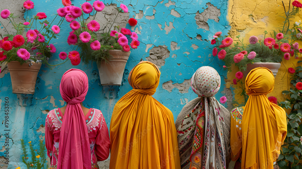 Muslim women in traditional dress gather a colorful wall with flowers ...