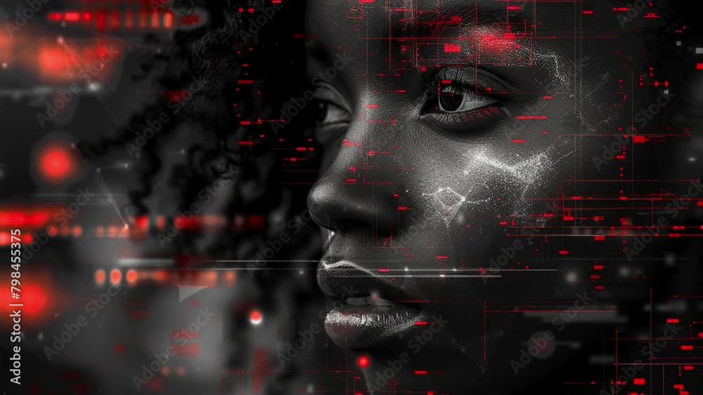 Black woman cyber security expert. With AI code illusminated overlay ...