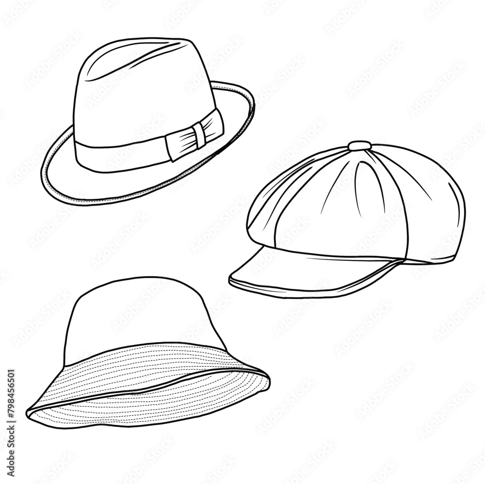 Vector various models of Hats doodle illustration hand drawn sketch ...
