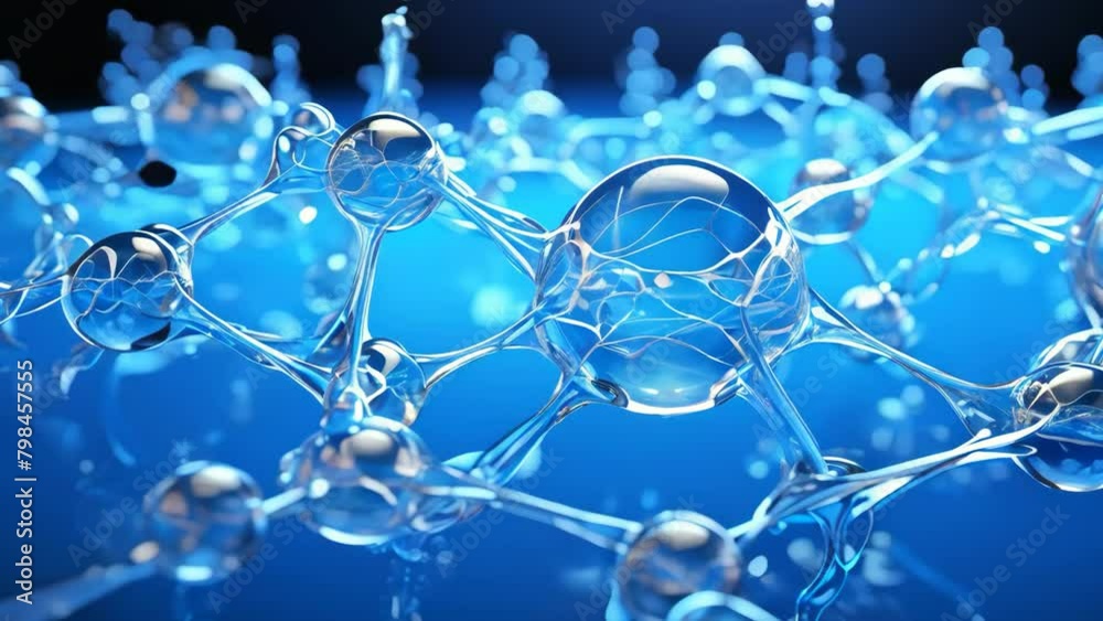 3D illustration of water molecule network in brilliant blue hues ...