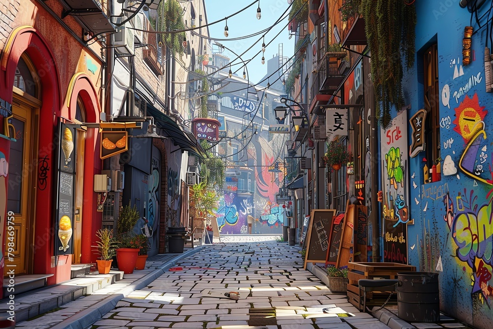 Craft a CG 3D scene of a cosmopolitan street adorned with diverse ...