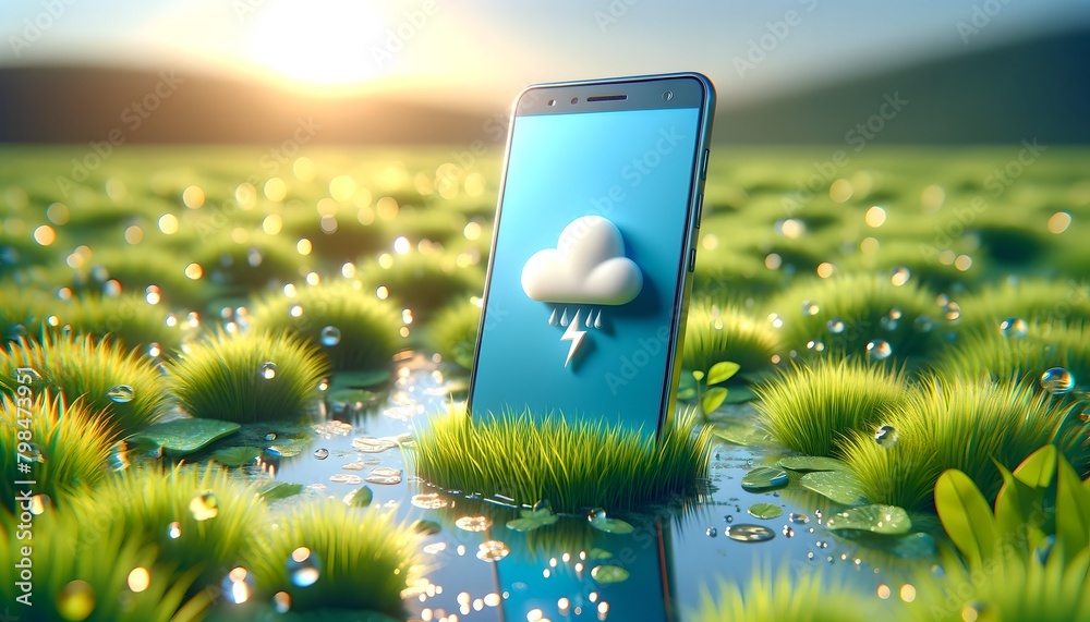 Smartphone on Rain-Soaked Grass Field with Thunder Cloud icon Display ...