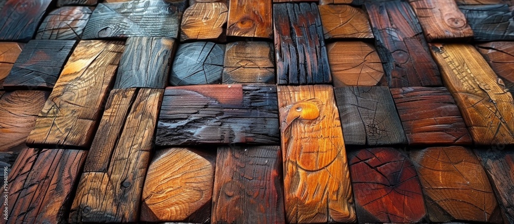 Detailed view of a wooden wall showcasing a variety of wood pieces in ...