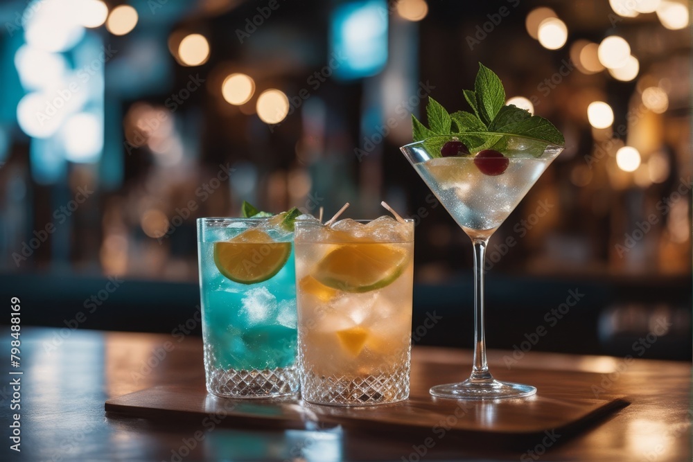 'tree colorful gin tonic cocktails glasses bar counter pup restaurant ...