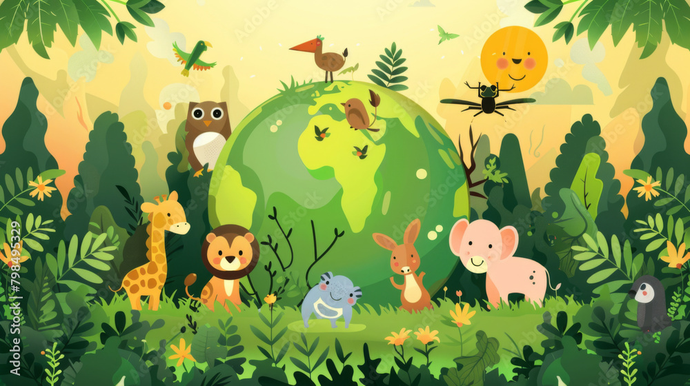 Vibrant animated image of various cute jungle animals on a stylized ...
