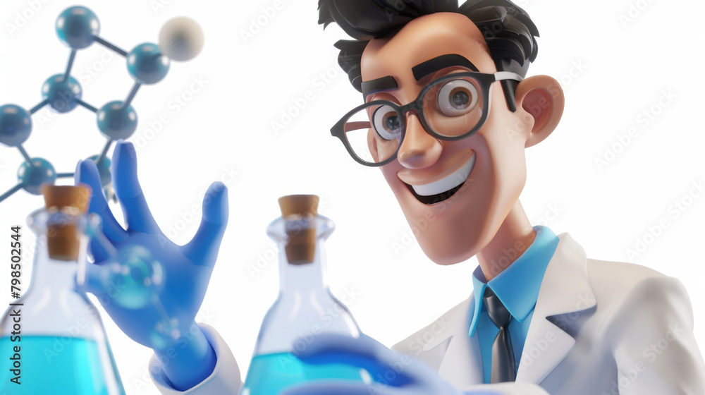 An excited 3D-animated scientist character with an engaging smile ...