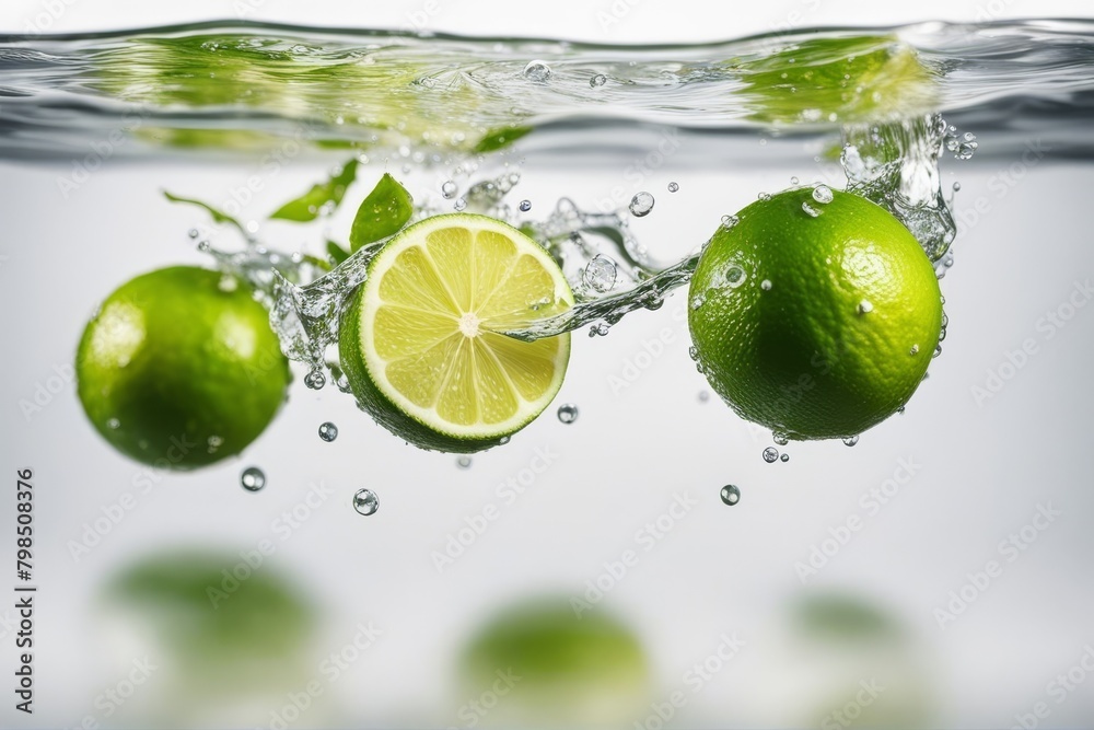 'limes falling water splash isolated white background lime splashing ...