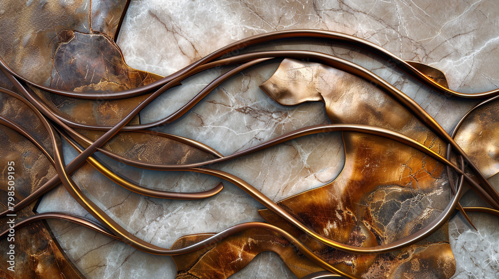 Intricate bronze lines weaving through organic shapes against a ...