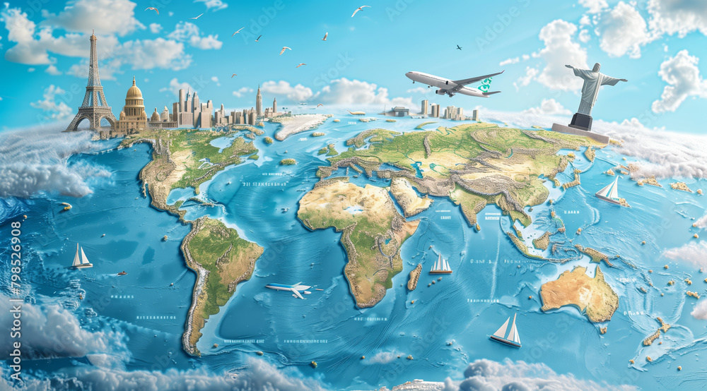 A world map depicts famous landmarks from around the globe ilustração ...