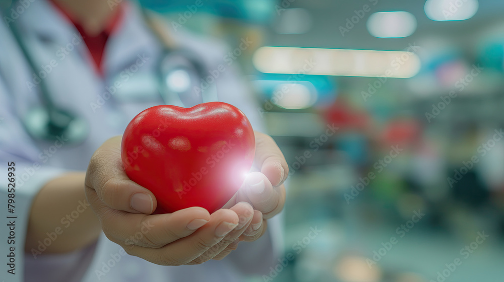 Healthcare professional holding a red heart in hospital setting ...
