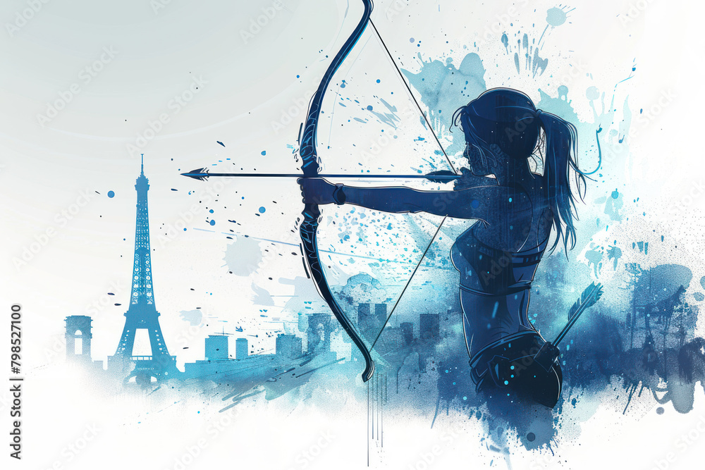 Blue watercolor painting of an archery woman by eiffel tower olympic ...
