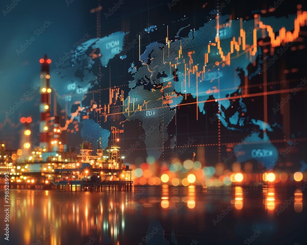 World map with oil rigs and pipelines, overlaid with a profitable stock ...